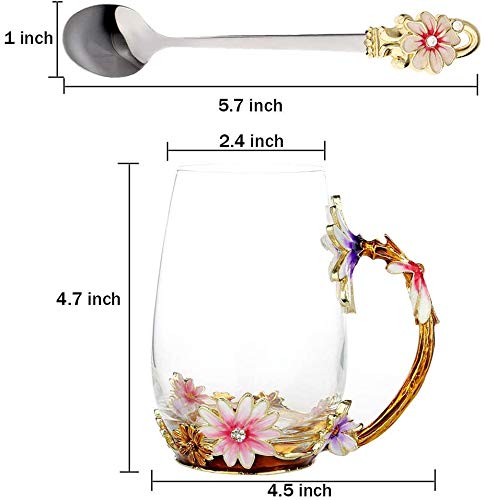 Glass Tea Mug, Mother's Day Gifts, Handmade Enamel Daisy Flower Coffee Cup Set with Handle, Unique Valentine's Day Birthday Gift Ideas for Women, Christmas New Year Party Supplies -13oz Pink