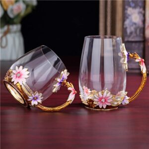 Glass Tea Mug, Mother's Day Gifts, Handmade Enamel Daisy Flower Coffee Cup Set with Handle, Unique Valentine's Day Birthday Gift Ideas for Women, Christmas New Year Party Supplies -13oz Pink