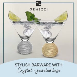 GEMEZZI Stemless Martini Glasses Set of 2, Silver Stemless Modern Cocktail Glass, Crystal Ball Base in Elegant Box, Perfect Bar Accessories for Margarita, Manhattan, Cosmos, Mixed Drinks, and Desserts