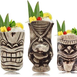 Tiki Mugs Set - Large Ceramic Tiki Mug, Cocktail Mugs for Mai Tai, Punch, Pina Colada, and Tropical bar Drinks (TIKISET)