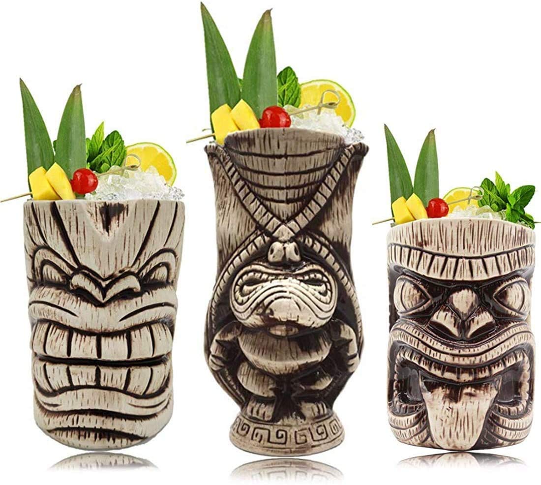 Tiki Mugs Set - Large Ceramic Tiki Mug, Cocktail Mugs for Mai Tai, Punch, Pina Colada, and Tropical bar Drinks (TIKISET)