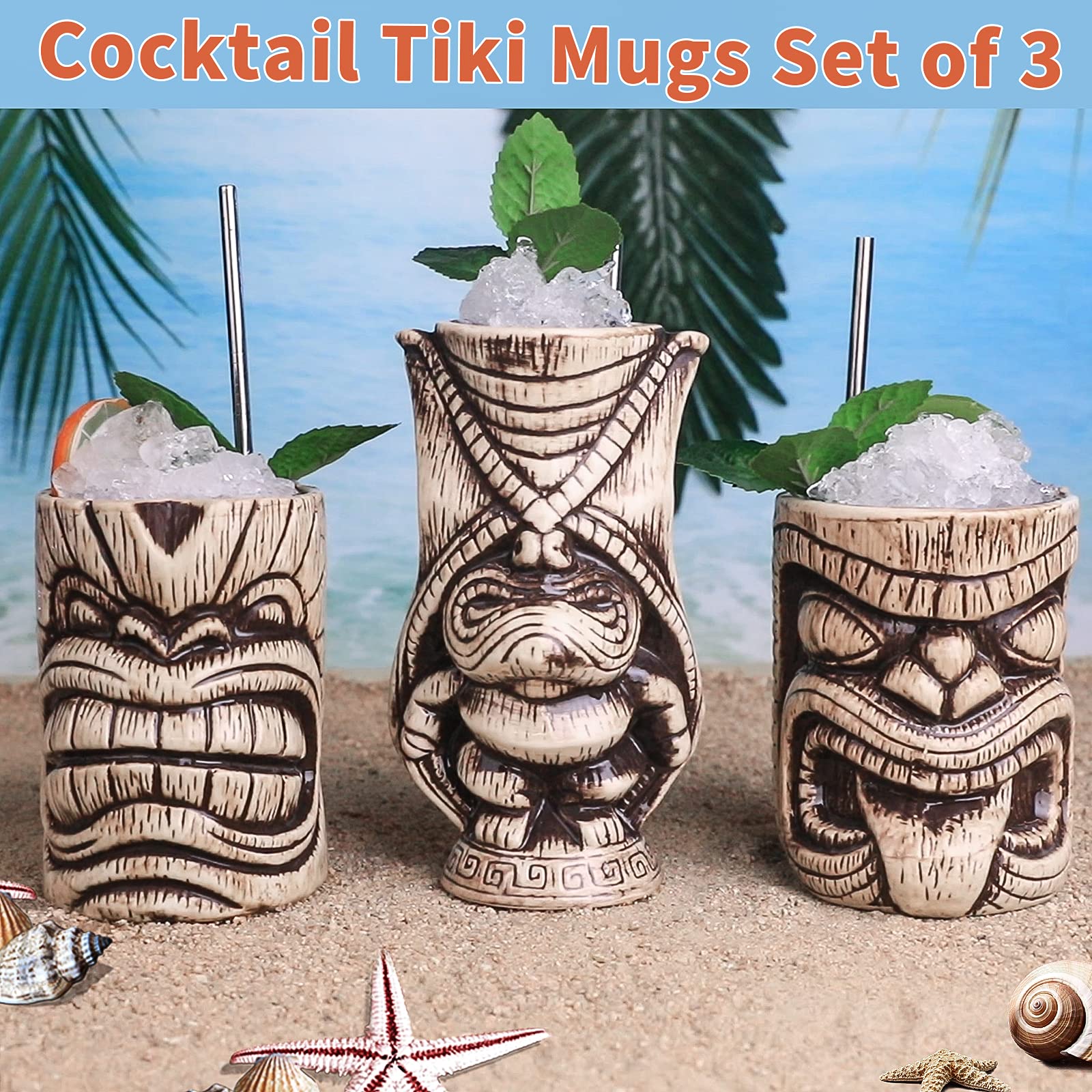 Tiki Mugs Set - Large Ceramic Tiki Mug, Cocktail Mugs for Mai Tai, Punch, Pina Colada, and Tropical bar Drinks (TIKISET)