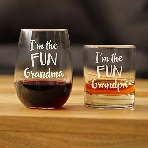 Fun Grandma – Cute Funny Stemless Wine Glass, Large 17 Ounce Size, Etched Sayings, Gift Box