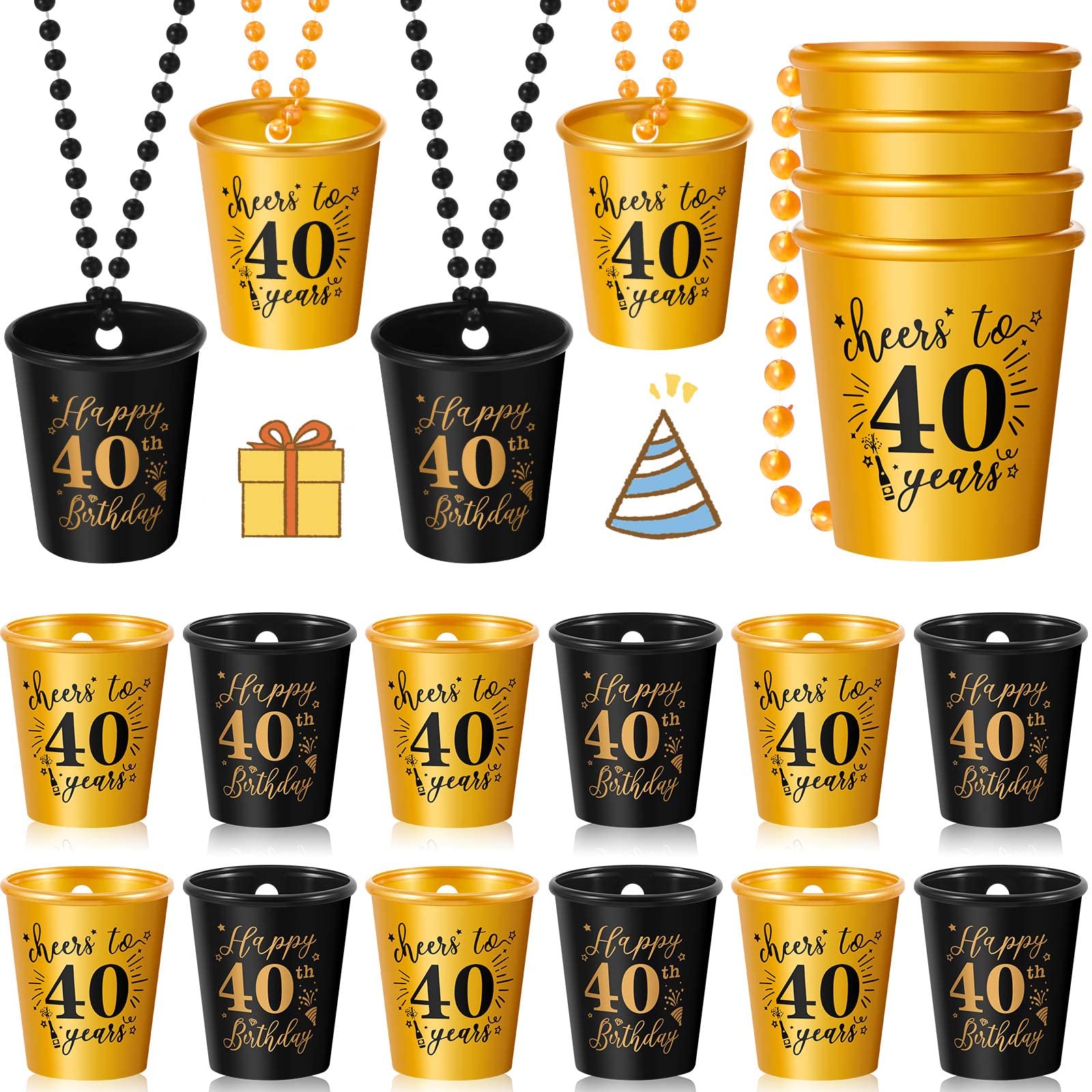 12 Pieces 30th 40th 50th 60th 70th Shot Glasses Necklace Birthday Plastic Shot Glass on Beaded Necklace Shot Cups for Birthday Party Anniversary Supplies, Gold and Black (40th)