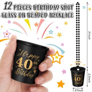 12 Pieces 30th 40th 50th 60th 70th Shot Glasses Necklace Birthday Plastic Shot Glass on Beaded Necklace Shot Cups for Birthday Party Anniversary Supplies, Gold and Black (40th)