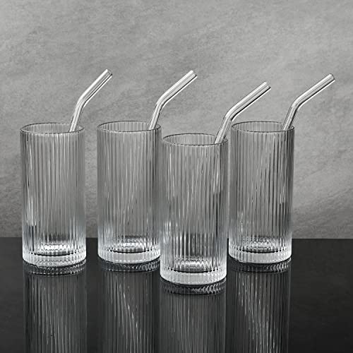 ALINK Glass Cups with Straws, 12 OZ Ribbed Glassware Drinking Glasses Set of 4, Fluted Iced Coffee Cups, Origami Style Ridged Tumbler for Coocktail, Whiskey, Beer - 2 Brush