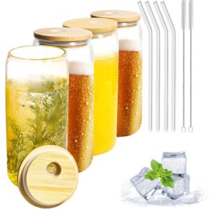 ulaxim [ 4pcs ] eco-friendly glass cups with bamboo lids and straws 16oz, iced coffee drinking cups, beer can glass cup, glass tumbler for cocktail, whiskey, soda, tea, water