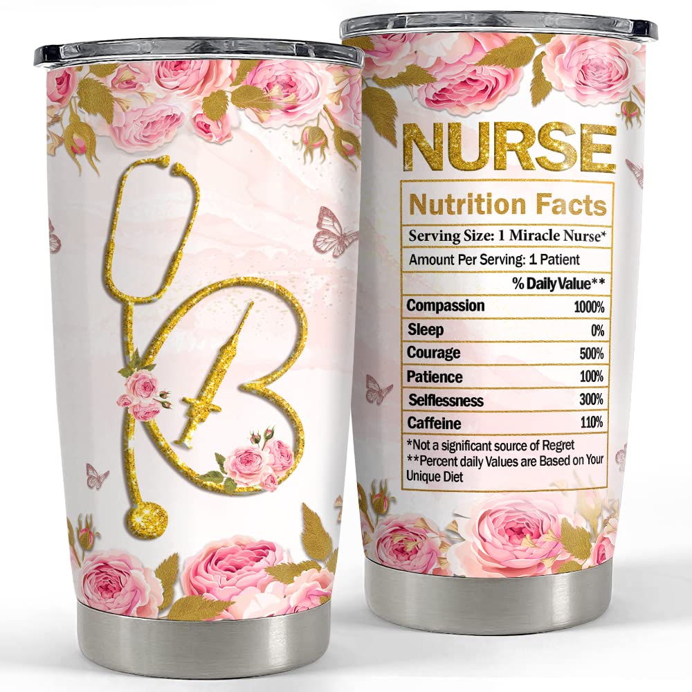 SANDJEST Nurse Tumbler Floral Nutrition Facts 20oz Tumblers with Lid Gift for Nurses Student New Nurse Woman Christmas Birthday Graduation