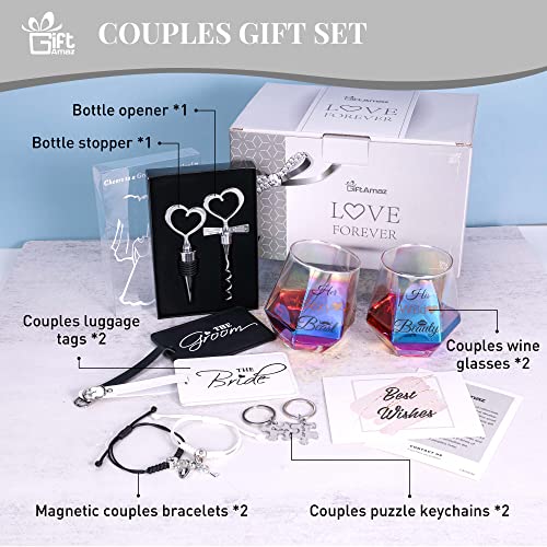 GiftAmaz Cool Bridal Shower Gifts for Bride to Be, Special Engagement Gift for Couples, Mr and Mrs Wine Glasses Set, Ideal Wedding Gift for Valentine’s Day, Newlywed, Honeymoon Christmas Gift