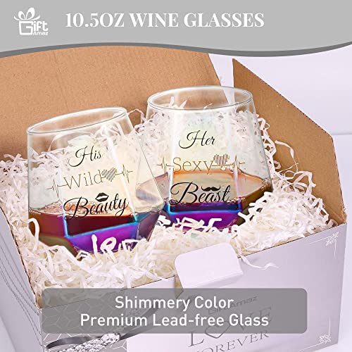 GiftAmaz Cool Bridal Shower Gifts for Bride to Be, Special Engagement Gift for Couples, Mr and Mrs Wine Glasses Set, Ideal Wedding Gift for Valentine’s Day, Newlywed, Honeymoon Christmas Gift