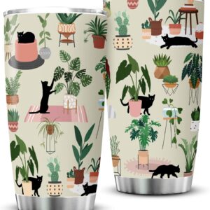 Delsakhula Gifts for Plants and Cats Lovers Plants Lovers Plants Gifts for Women Cat and Plants Lovers Gifts for Women Mom Cat Insulated Stainless Steel Travel Tumbler With Lid 20 OZ