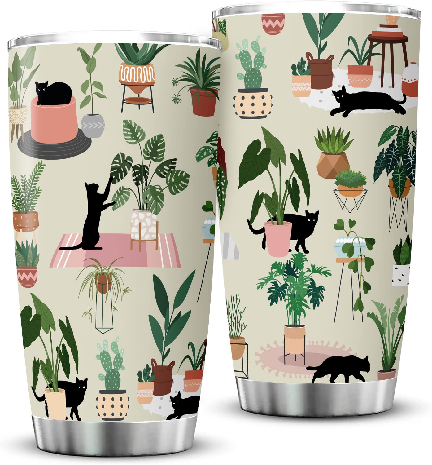 Delsakhula Gifts for Plants and Cats Lovers Plants Lovers Plants Gifts for Women Cat and Plants Lovers Gifts for Women Mom Cat Insulated Stainless Steel Travel Tumbler With Lid 20 OZ