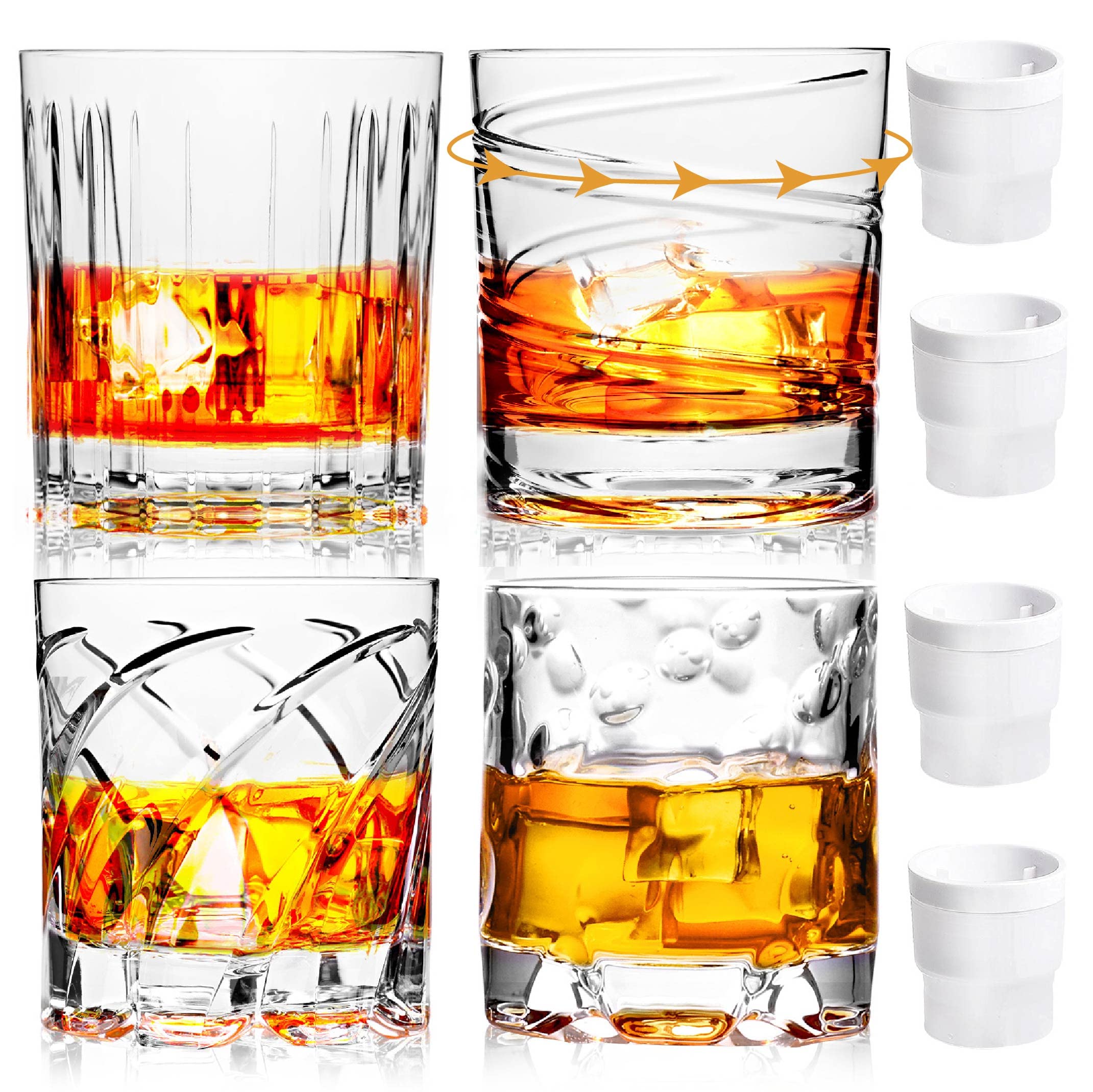 LURRIER Whiskey Glass set of 4,Old Fashioned Whiskey Glasses,10 oz Crystal Whiskey Glass for Scotch,Bourbon,4 Patterns Spinning Whiskey Glass Set,Whiskey Glasses gift with 4 Ice Molds Gift for Men