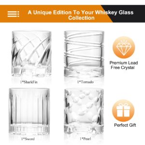 LURRIER Whiskey Glass set of 4,Old Fashioned Whiskey Glasses,10 oz Crystal Whiskey Glass for Scotch,Bourbon,4 Patterns Spinning Whiskey Glass Set,Whiskey Glasses gift with 4 Ice Molds Gift for Men