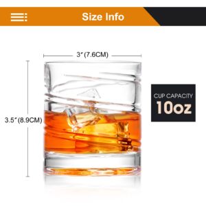 LURRIER Whiskey Glass set of 4,Old Fashioned Whiskey Glasses,10 oz Crystal Whiskey Glass for Scotch,Bourbon,4 Patterns Spinning Whiskey Glass Set,Whiskey Glasses gift with 4 Ice Molds Gift for Men