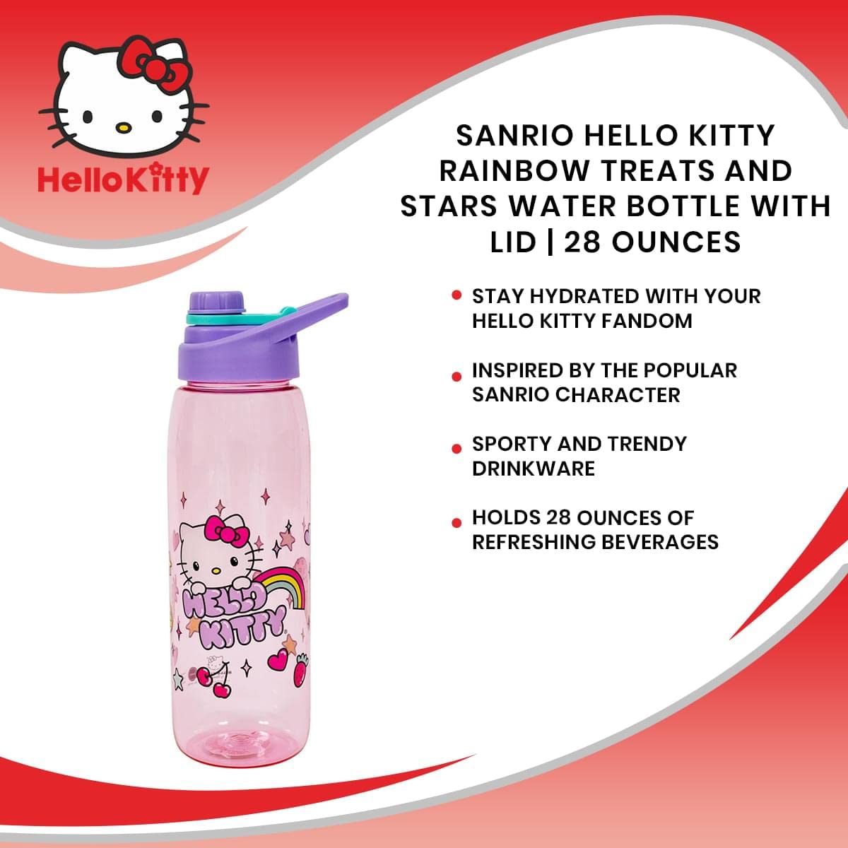 Hello Kitty Rainbow Treat And Stars Water Bottle W/Lid, Plastic