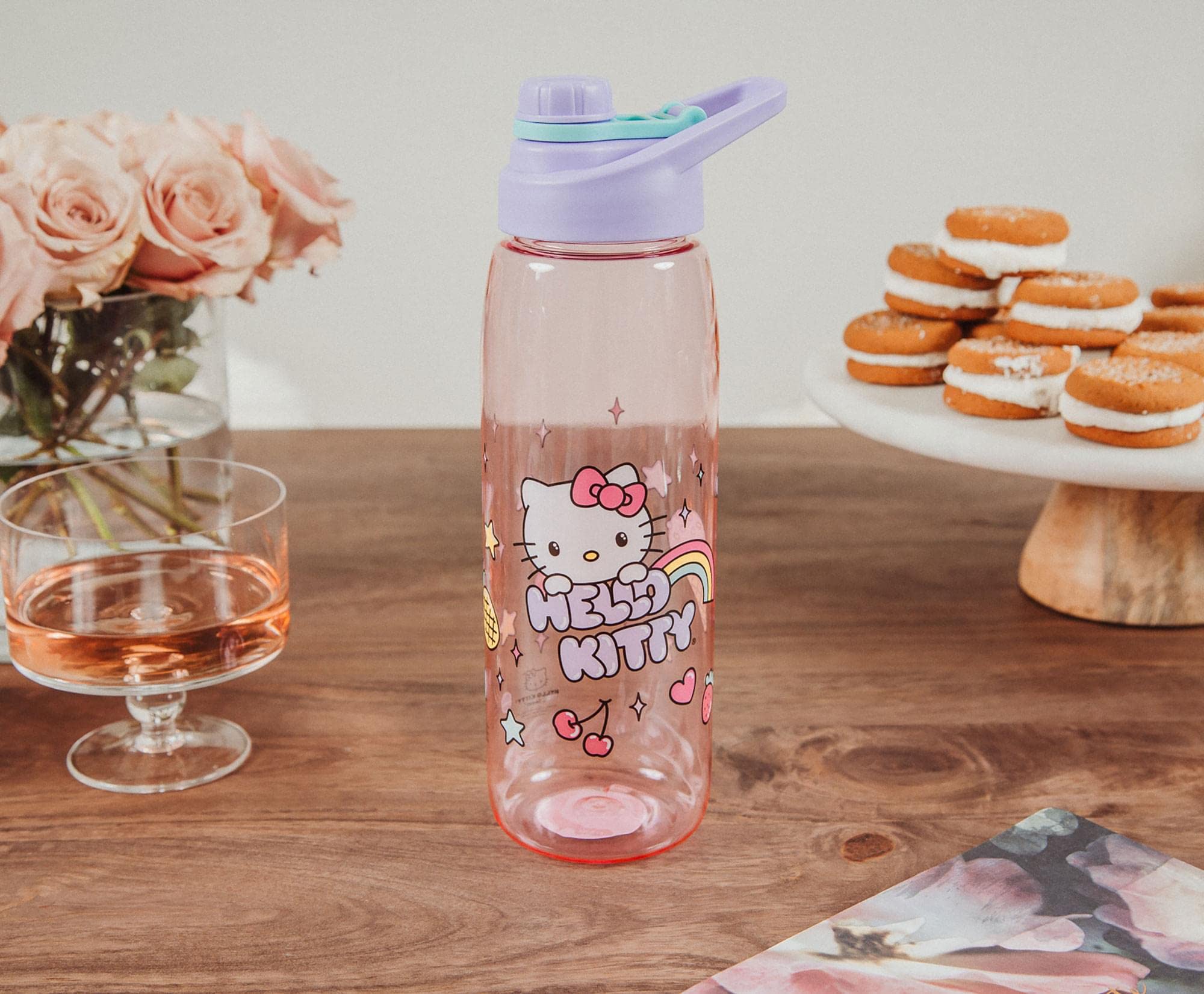 Hello Kitty Rainbow Treat And Stars Water Bottle W/Lid, Plastic