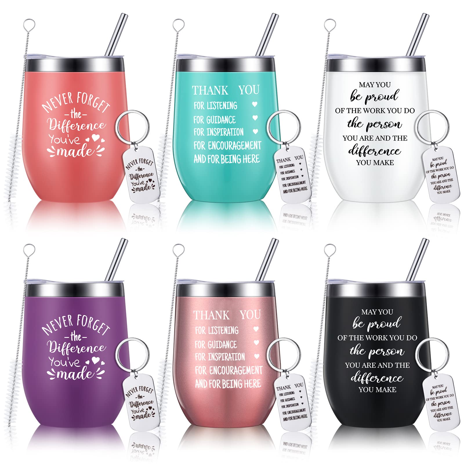 6 Sets Teacher Appreciation Gifts Employee Appreciation Gifts for Coworkers Bulk Thank You Gifts for Women Men 12 oz Insulated Wine Tumblers with Lids Straws and Stainless Steel Keychains for Teacher