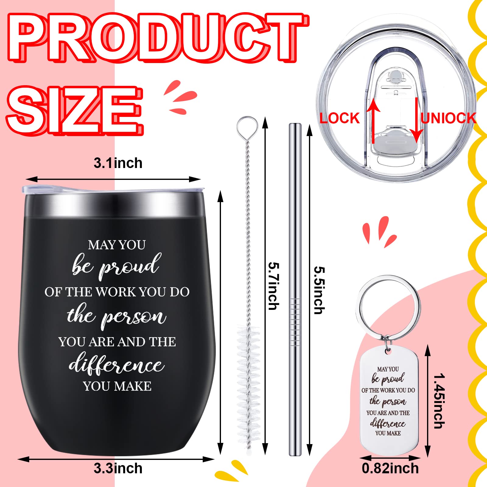 6 Sets Teacher Appreciation Gifts Employee Appreciation Gifts for Coworkers Bulk Thank You Gifts for Women Men 12 oz Insulated Wine Tumblers with Lids Straws and Stainless Steel Keychains for Teacher