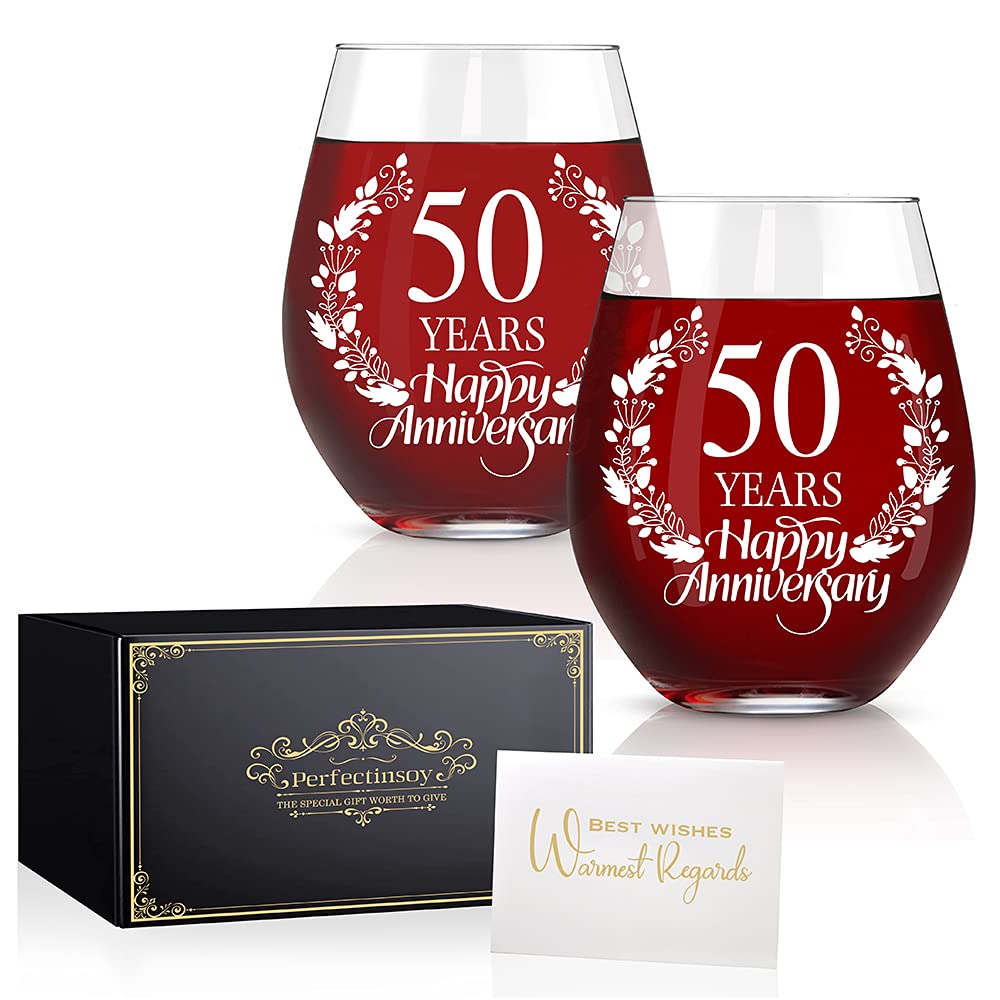 Perfectinsoy 50 Years Happy Anniversary Wine Glass Set of 2, 50th Anniversary Wedding Gift For Mom, Dad, Wife, Soulmate, Couple, Funny Vintage Unique Personalized, 50 Years Gifts, Wedding Gifts