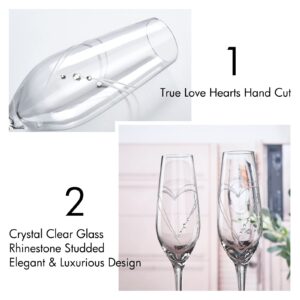 Parihy Champagne Flutes, Bride and Groom Wedding Toasting Champagne Glasses Set of 2 with Engraved Love Heart Design Embellished with Crystal, Wedding Engagement Christmas Gifts for Couple