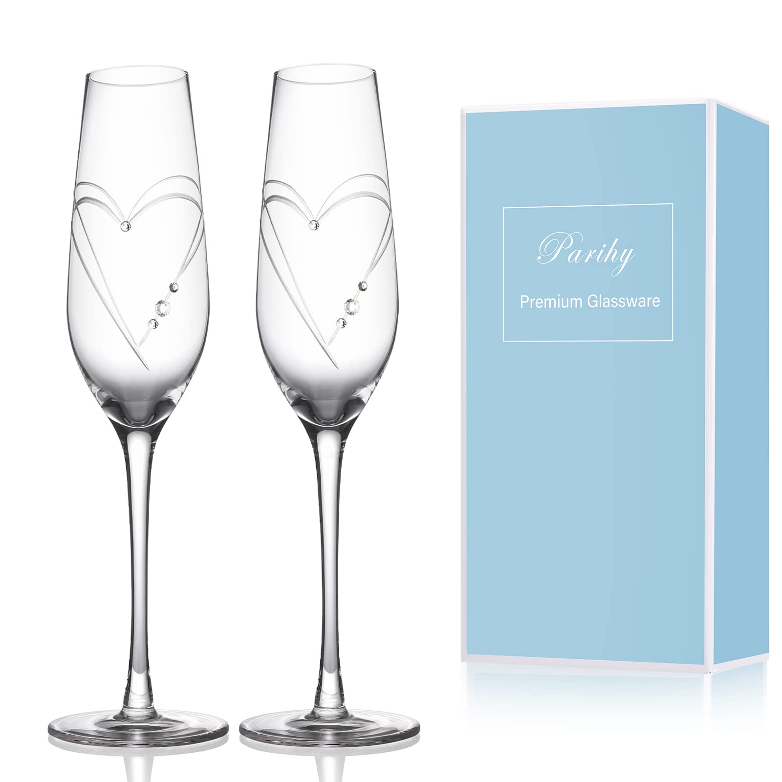 Parihy Champagne Flutes, Bride and Groom Wedding Toasting Champagne Glasses Set of 2 with Engraved Love Heart Design Embellished with Crystal, Wedding Engagement Christmas Gifts for Couple