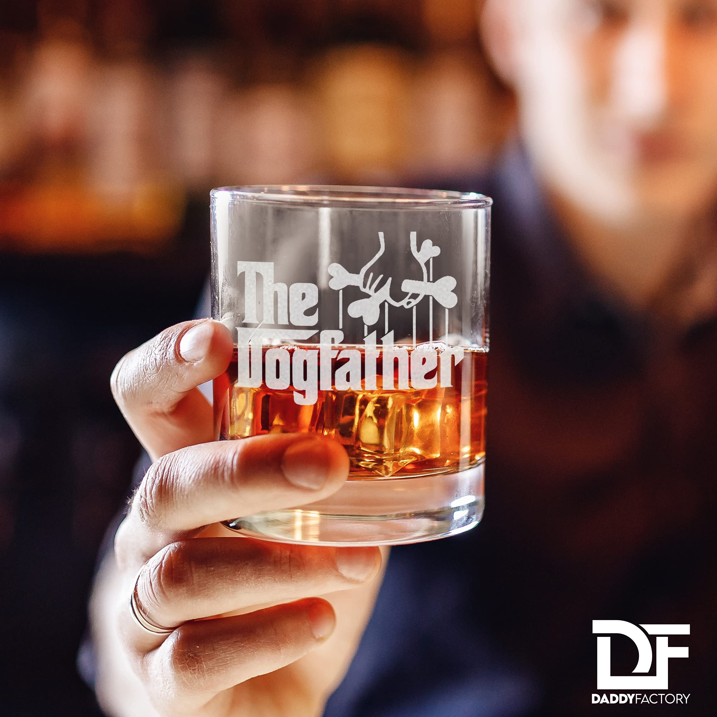 DADDY FACTORY Dog Dad Gifts - The Dogfather - Etched 10.25 Whiskey Rocks Glass, Funny Dog Lovers Gifts For Men - Father's Day Gift From Dog or Wife