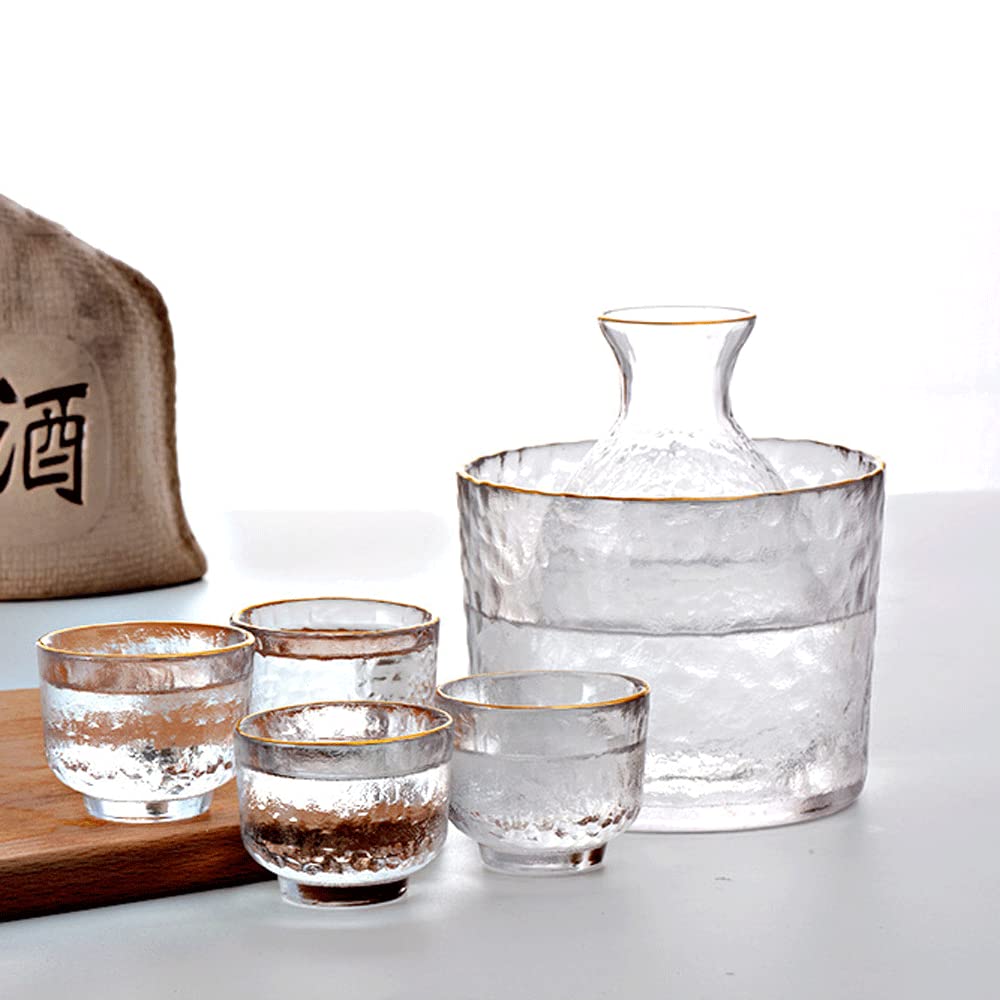 BOLLAER Sake Pot Set, Japanese Cold Sake Glasses, Clear Unique Trendy Floating Design, 1 Sake Carafe Bottle 1 Sake Tank and 4 Saki Cups for Cold/Warm/Hot Sake, Birthday Housewarming Gift Set