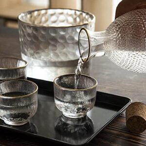 BOLLAER Sake Pot Set, Japanese Cold Sake Glasses, Clear Unique Trendy Floating Design, 1 Sake Carafe Bottle 1 Sake Tank and 4 Saki Cups for Cold/Warm/Hot Sake, Birthday Housewarming Gift Set