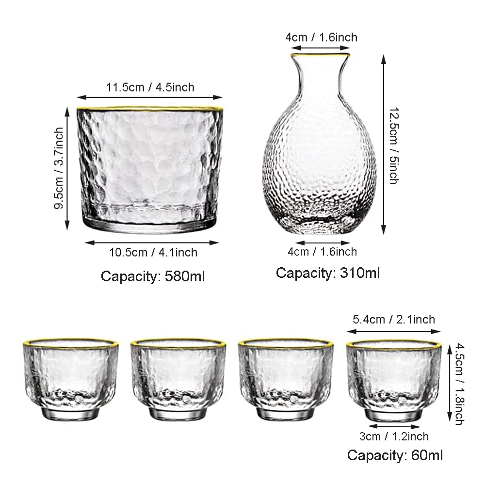 BOLLAER Sake Pot Set, Japanese Cold Sake Glasses, Clear Unique Trendy Floating Design, 1 Sake Carafe Bottle 1 Sake Tank and 4 Saki Cups for Cold/Warm/Hot Sake, Birthday Housewarming Gift Set