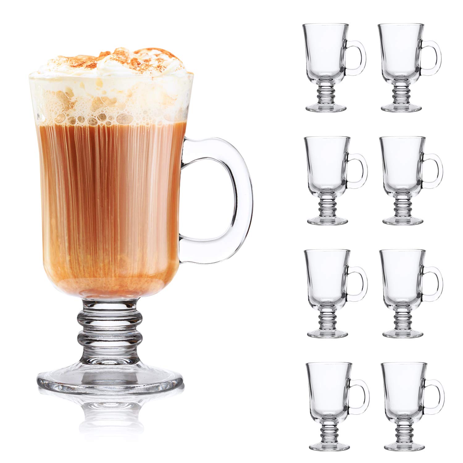 QAPPDA 8oz Coffee Mug, Glass Mugs With Handle,Clear Cups With Handle,Glass Cup Tea Cup Drinkware For Beer,Juice,Beverages,High Base Glass Latte Cups Cappuccino Mugs,Irish Coffee Mugs Set of 8 KTZB22…