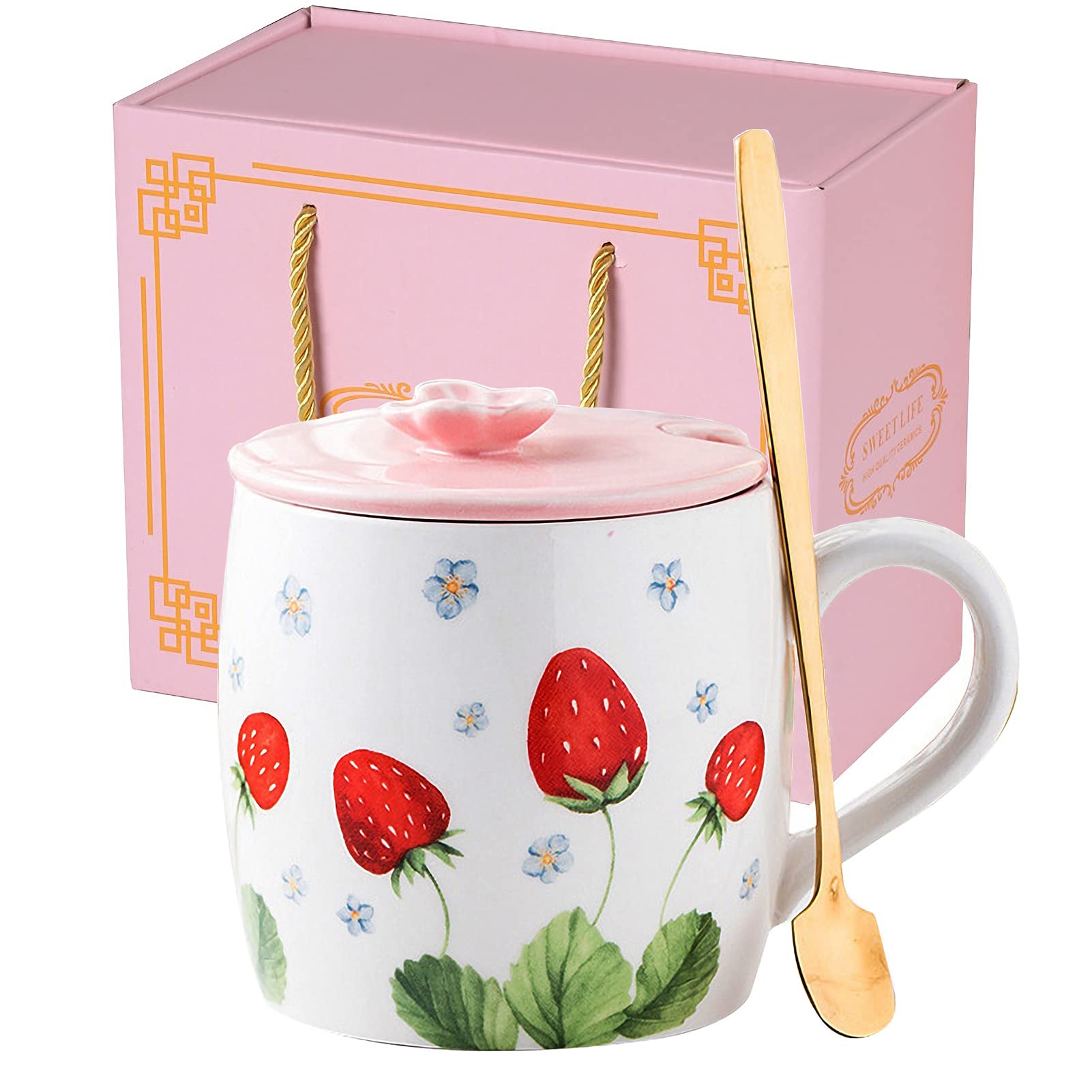 KEYIGOU 13.5oz Cute Strawberry Ceramic Coffee Mug with Lid Gold Spoon Tea Cup Cute Mugs for Women Friend Colleague Boss Gifts