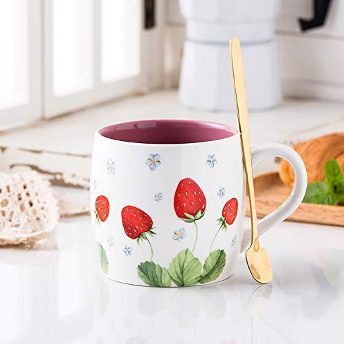 KEYIGOU 13.5oz Cute Strawberry Ceramic Coffee Mug with Lid Gold Spoon Tea Cup Cute Mugs for Women Friend Colleague Boss Gifts