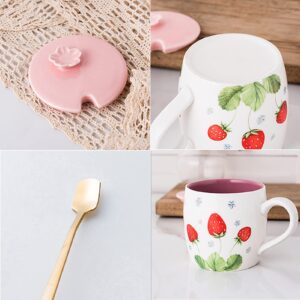 KEYIGOU 13.5oz Cute Strawberry Ceramic Coffee Mug with Lid Gold Spoon Tea Cup Cute Mugs for Women Friend Colleague Boss Gifts