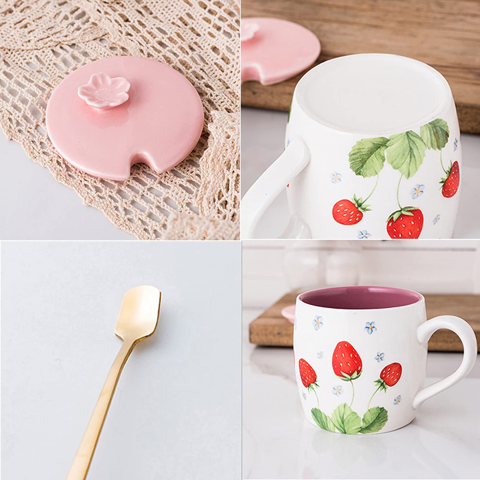 KEYIGOU 13.5oz Cute Strawberry Ceramic Coffee Mug with Lid Gold Spoon Tea Cup Cute Mugs for Women Friend Colleague Boss Gifts