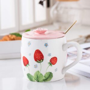 KEYIGOU 13.5oz Cute Strawberry Ceramic Coffee Mug with Lid Gold Spoon Tea Cup Cute Mugs for Women Friend Colleague Boss Gifts