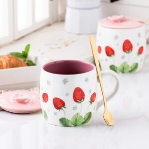 KEYIGOU 13.5oz Cute Strawberry Ceramic Coffee Mug with Lid Gold Spoon Tea Cup Cute Mugs for Women Friend Colleague Boss Gifts