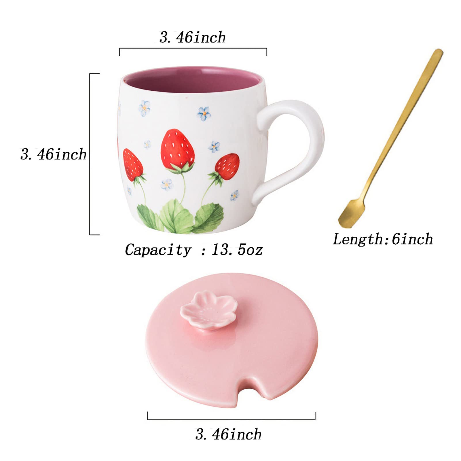 KEYIGOU 13.5oz Cute Strawberry Ceramic Coffee Mug with Lid Gold Spoon Tea Cup Cute Mugs for Women Friend Colleague Boss Gifts