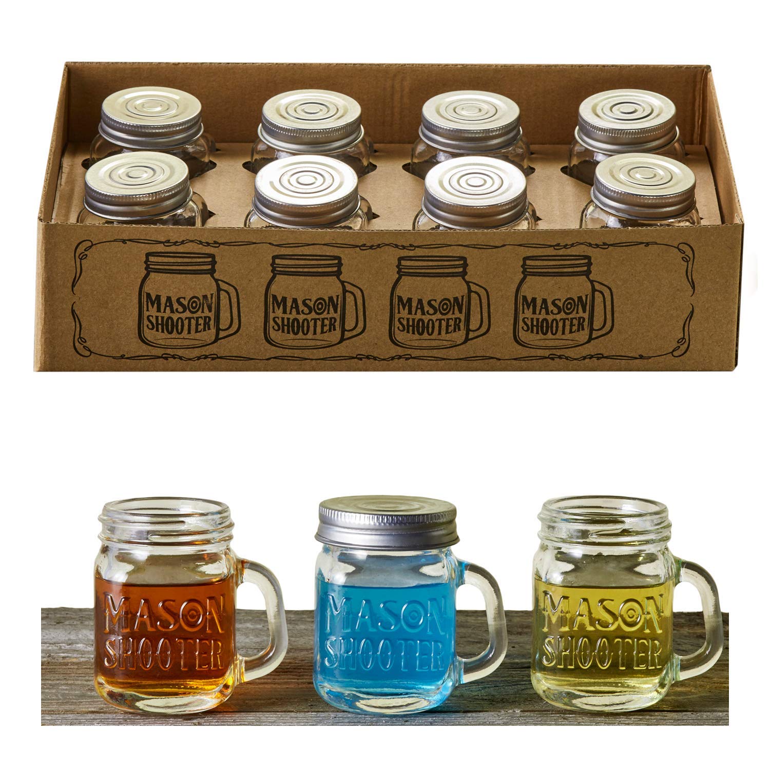 Hayley Cherie Mason Jar Shot Glasses with Leak Proof Lids (Set of 8) Mini Mason Shooter with Handles 2oz for Drinks, Liqueurs, Favors, Desserts, Parties, Gifts