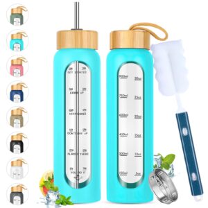 sipzest 32 oz glass water bottles with straw - motivational glass water bottle with time marker & silicone sleeve - reusable glass tumbler includes 2 bamboo lids & fruit infuser - 1 pack