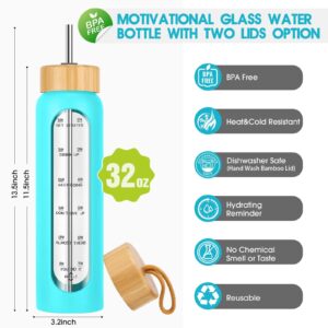 SipZest 32 oz Glass Water Bottles with Straw - Motivational Glass Water Bottle with Time Marker & Silicone Sleeve - Reusable Glass Tumbler Includes 2 Bamboo Lids & Fruit Infuser - 1 Pack