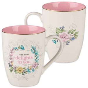 Christian Art Gifts Ceramic Coffee and Tea Mug for Women 12 oz Pink Floral Inspirational Bible Verse Mug - The Lord Delights in You - Isaiah 62:4 Lead and Cadmium-free Novelty Scripture Mug