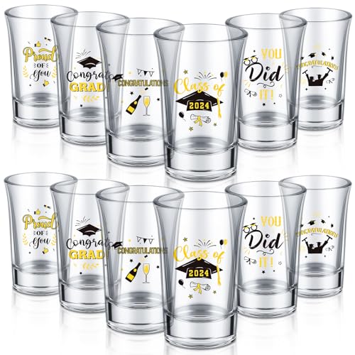 Rtteri 12 Pcs Graduation Clear Party Shot Glasses Set 2024 Graduation Whiskey Glass Gift 1.2 oz Thick Base Shot Glasses Funny Graduation Glass for College High School Graduate Party Supplies, 6 Styles