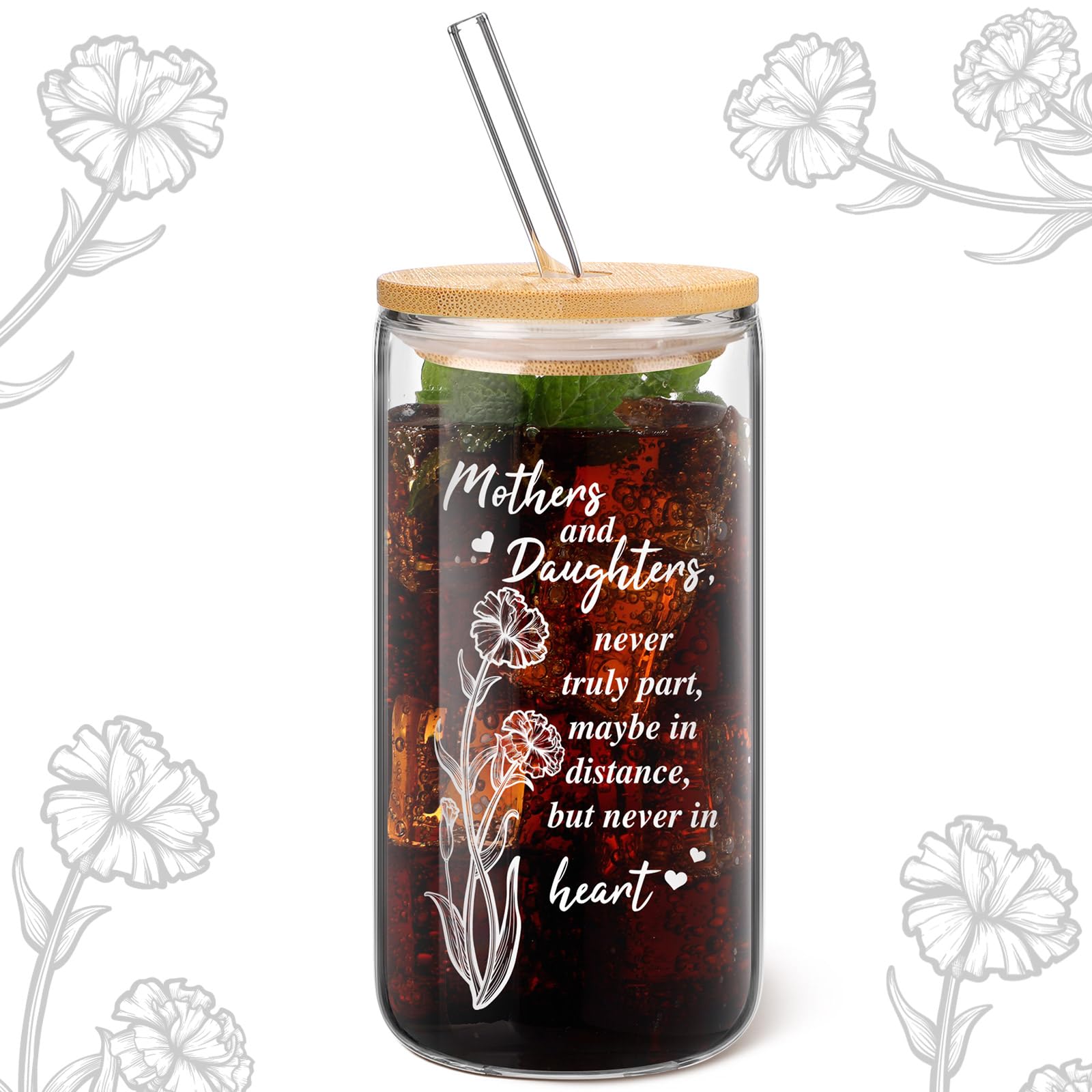 Gejoy Gifts for Mom from Daughter Mothers Day Gifts from Daughter Birthday Presents for Mom 16oz Coffee Glass Mom Funny Can Beer Glass with Bamboo Lids and Straw (Tulip)