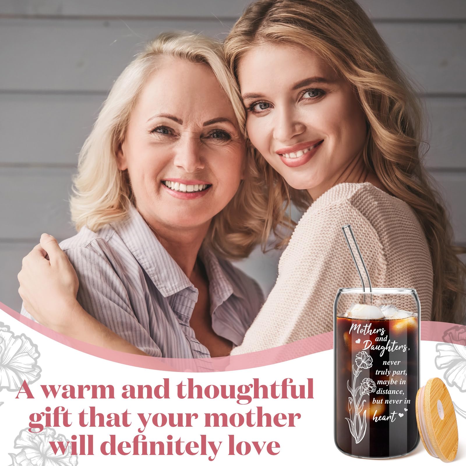 Gejoy Gifts for Mom from Daughter Mothers Day Gifts from Daughter Birthday Presents for Mom 16oz Coffee Glass Mom Funny Can Beer Glass with Bamboo Lids and Straw (Tulip)