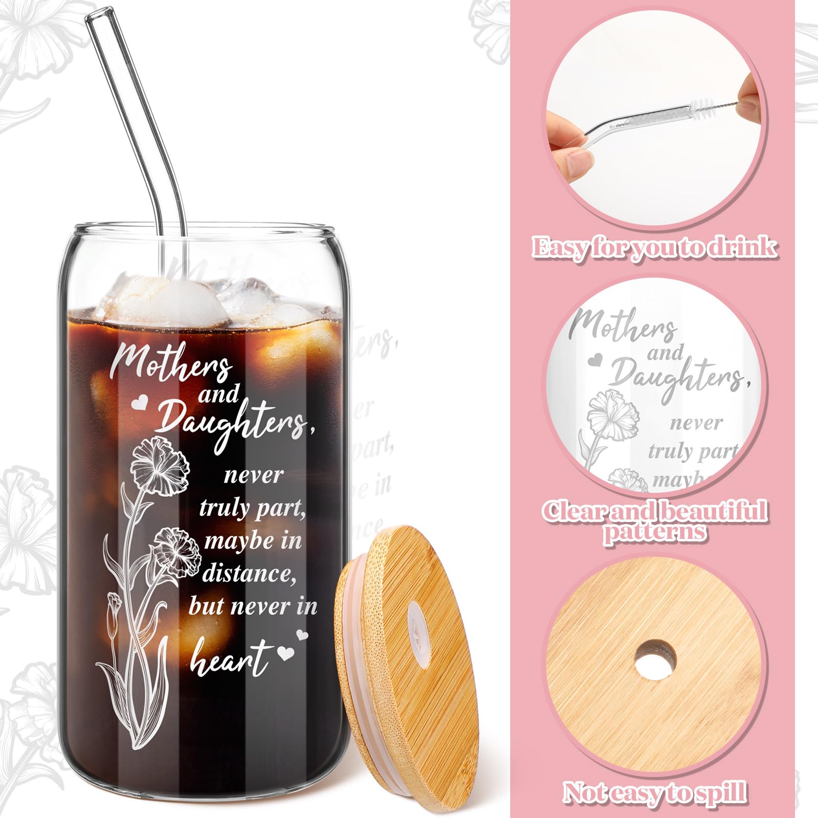 Gejoy Gifts for Mom from Daughter Mothers Day Gifts from Daughter Birthday Presents for Mom 16oz Coffee Glass Mom Funny Can Beer Glass with Bamboo Lids and Straw (Tulip)