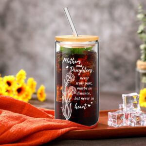 Gejoy Gifts for Mom from Daughter Mothers Day Gifts from Daughter Birthday Presents for Mom 16oz Coffee Glass Mom Funny Can Beer Glass with Bamboo Lids and Straw (Tulip)