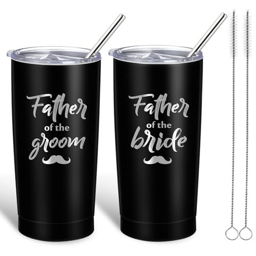 Set of 2 Mother Father of The Bride Groom Tumbler Mug Stainless Steel Tumbler with Lid and Straw Brushes Bridal Shower Party Travel Mug Wedding Engagement Favors (7 Inch, Simple Style for Father)