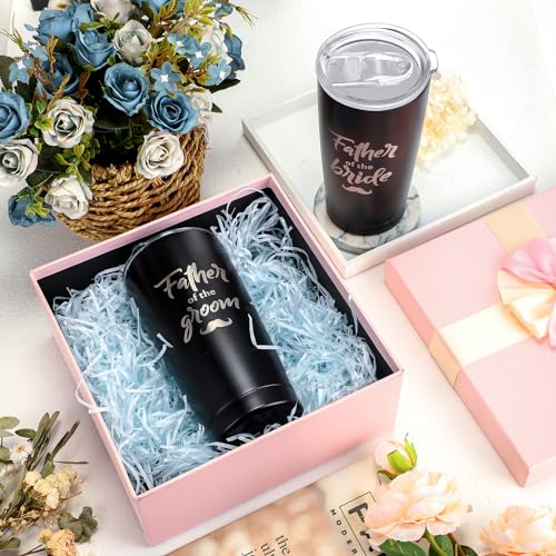 Set of 2 Mother Father of The Bride Groom Tumbler Mug Stainless Steel Tumbler with Lid and Straw Brushes Bridal Shower Party Travel Mug Wedding Engagement Favors (7 Inch, Simple Style for Father)