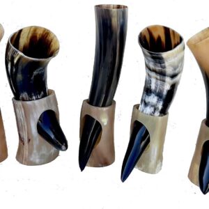 5x Viking Drinking Horn Cups | Viking gift for men 100% Natural Norse Goblet Ale Mead Beer mug Wine with Stand 10oz (9"-12")